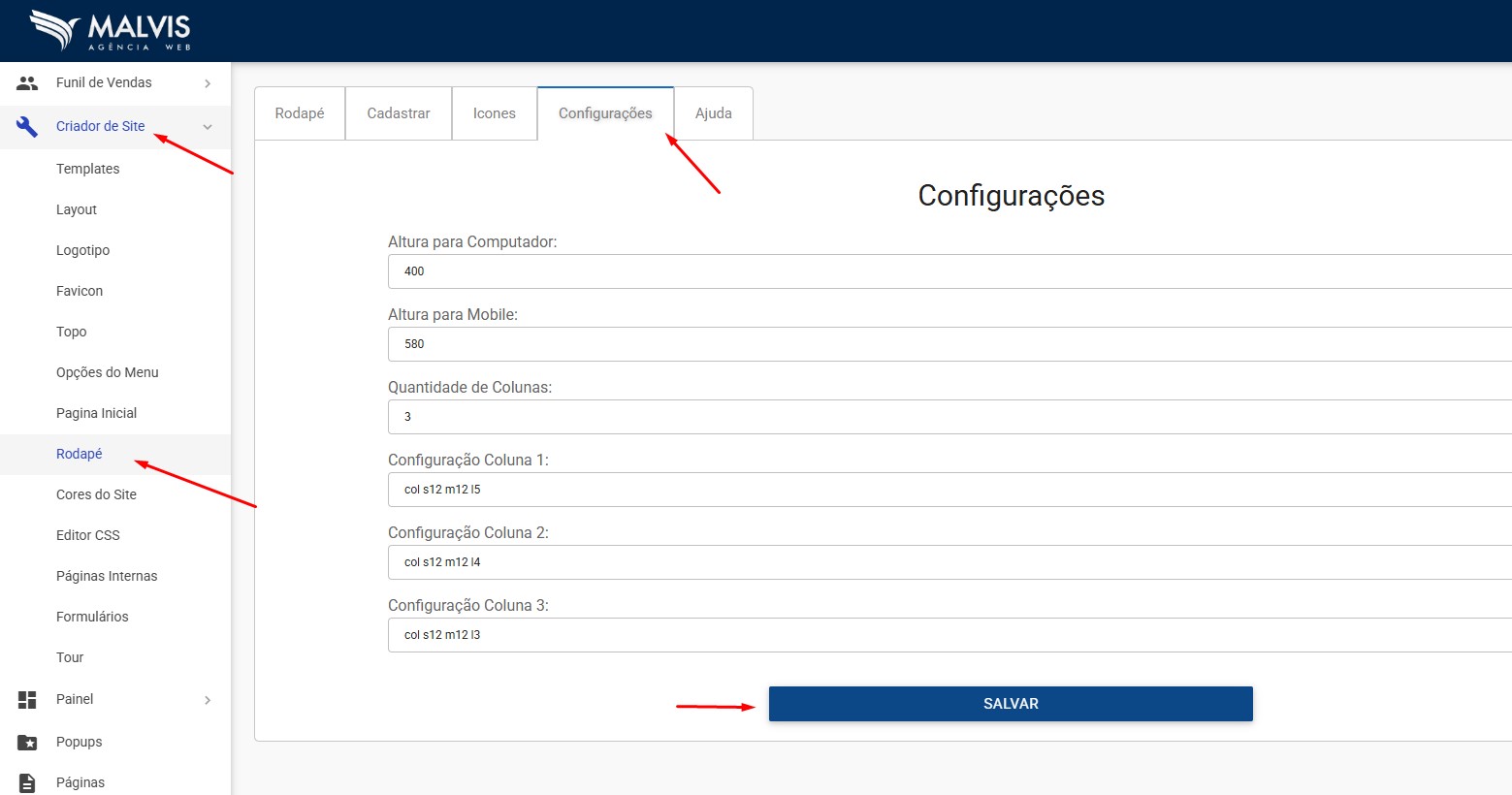 Como editar as configurações do rodapé do seu website